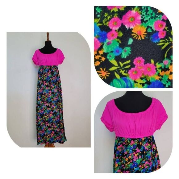 Vintage 1960's Psychedelic Neon Flower Maxi Dress.